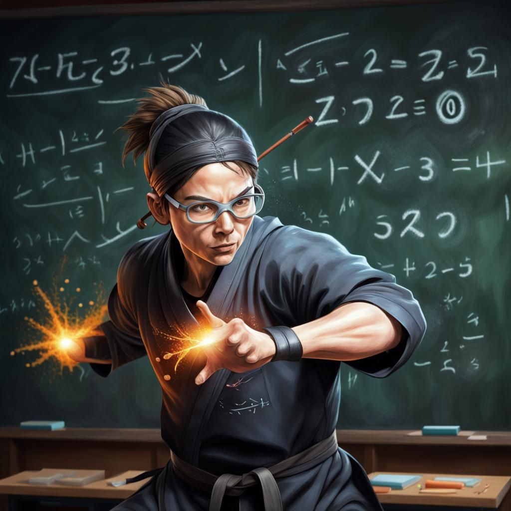 Science Teacher as a Ninja, in front of a chalk_board with equations ...