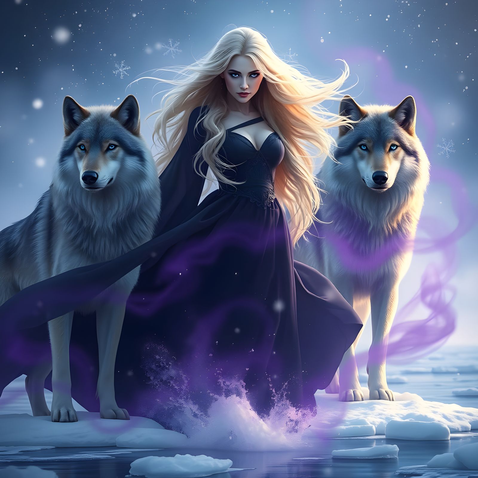 Woman and her wolves - Woman Enveloped by Wolves in Vibrant...