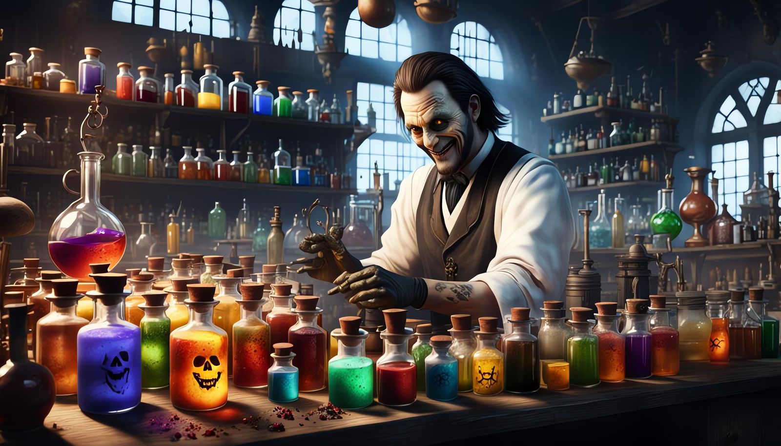 an alchemy testing laboratory with a man with an evil smile testing ...
