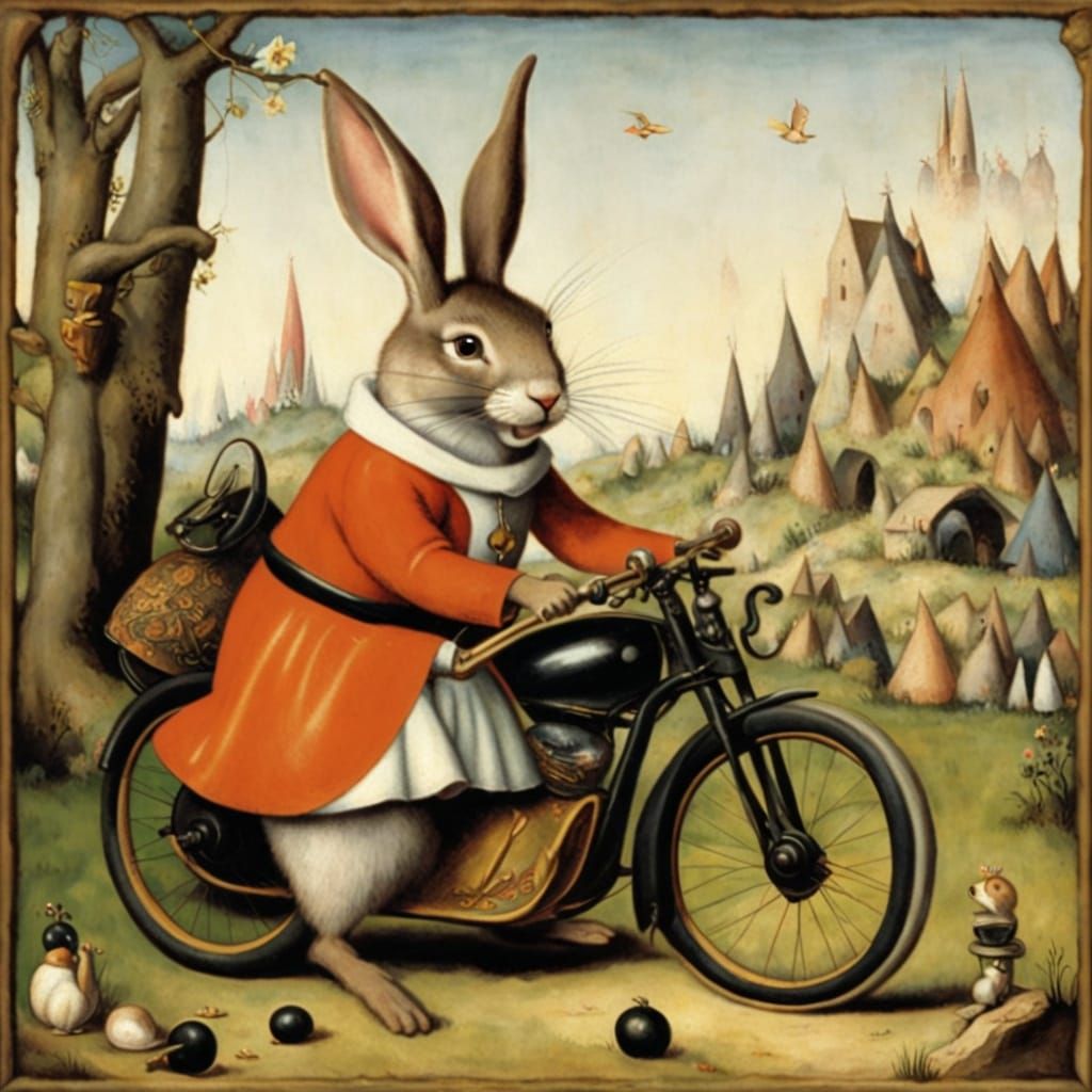 Surreal Furry Rabbit Rides Harley in Whimsical Wor... - AI Art