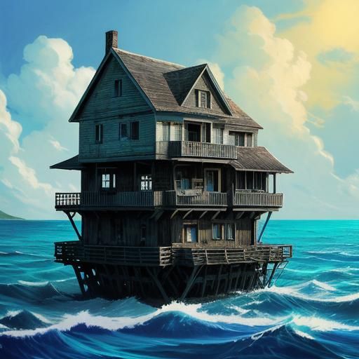 A multi-storey rickety old house on a tiny island in the middle of the ...