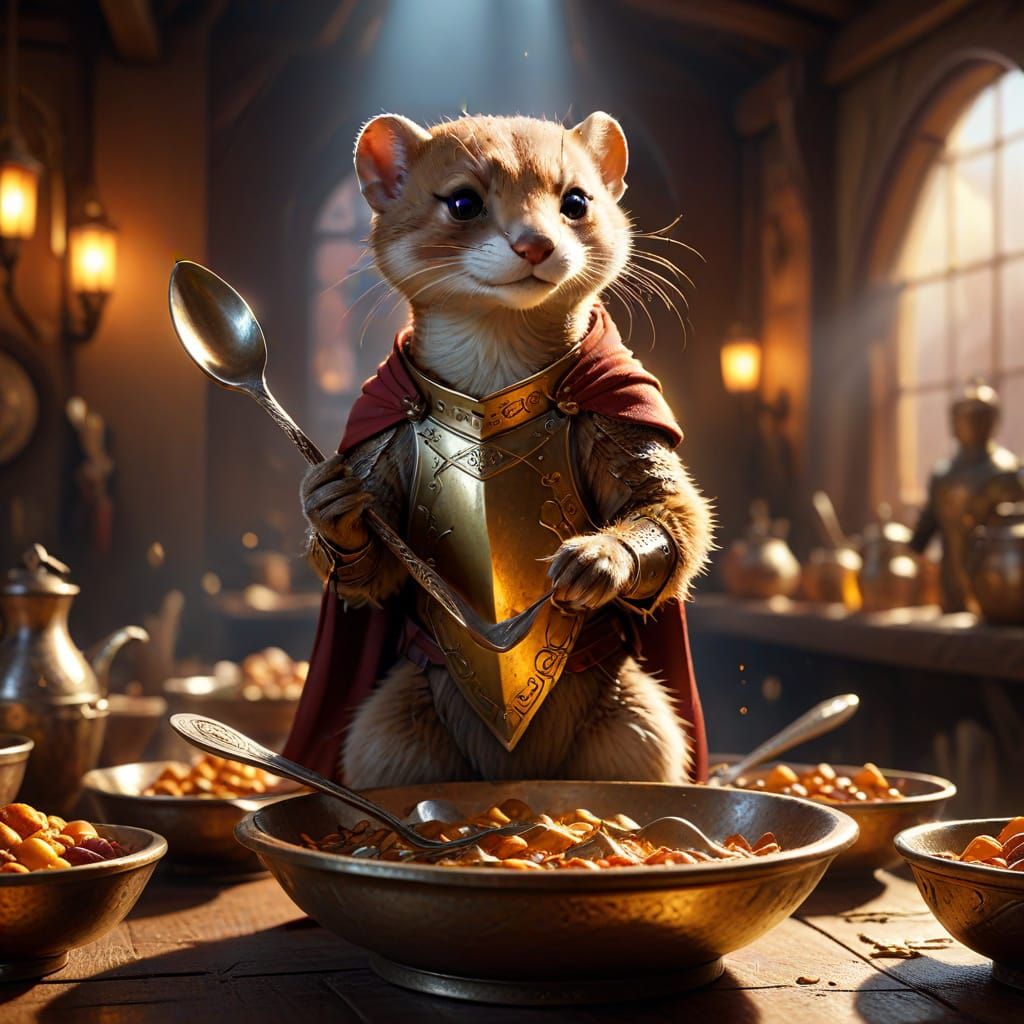 "A feisty, battle-hardened weasel stands atop a stack of overturned ...