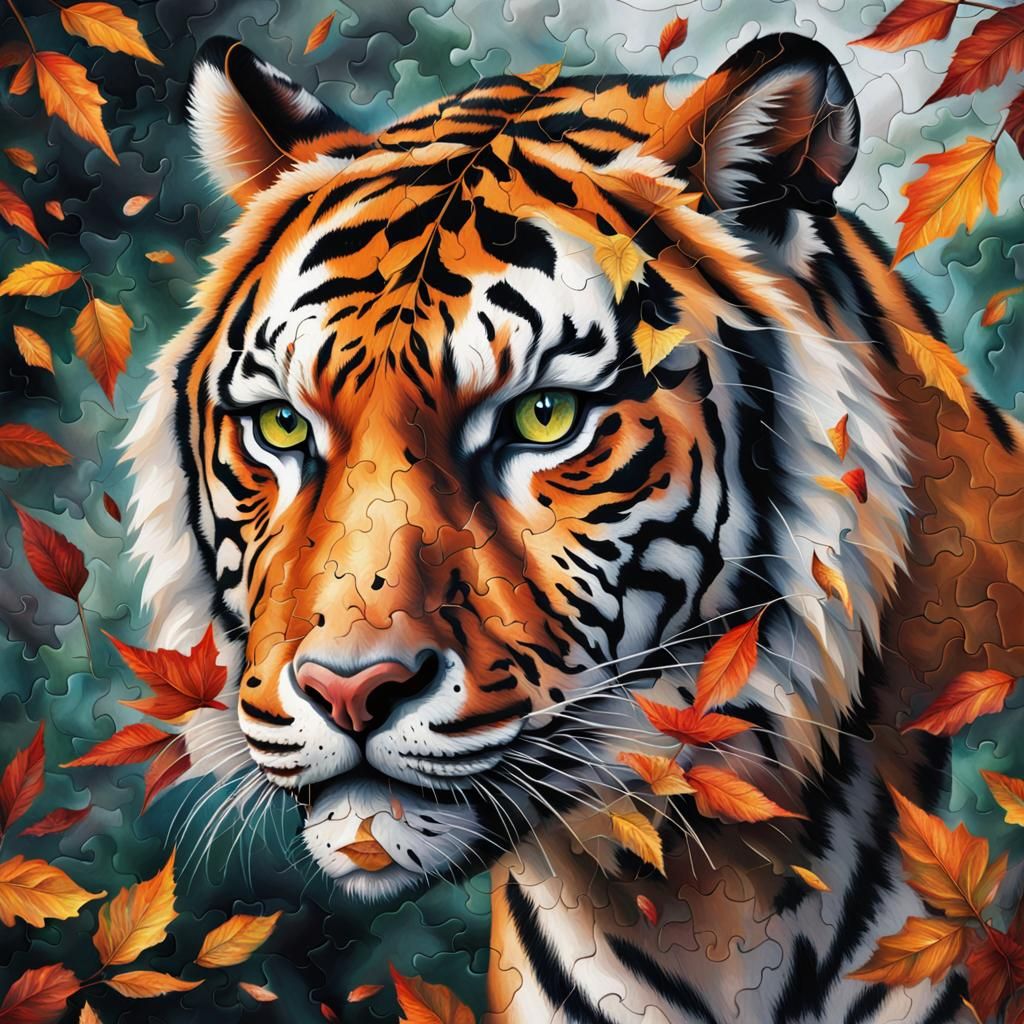 Realistic Portrait of a Tiger with fierce and colourful leaves falling ...