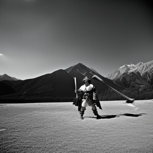 Samurai in black armor with sword dueling tall wrestler in white ...