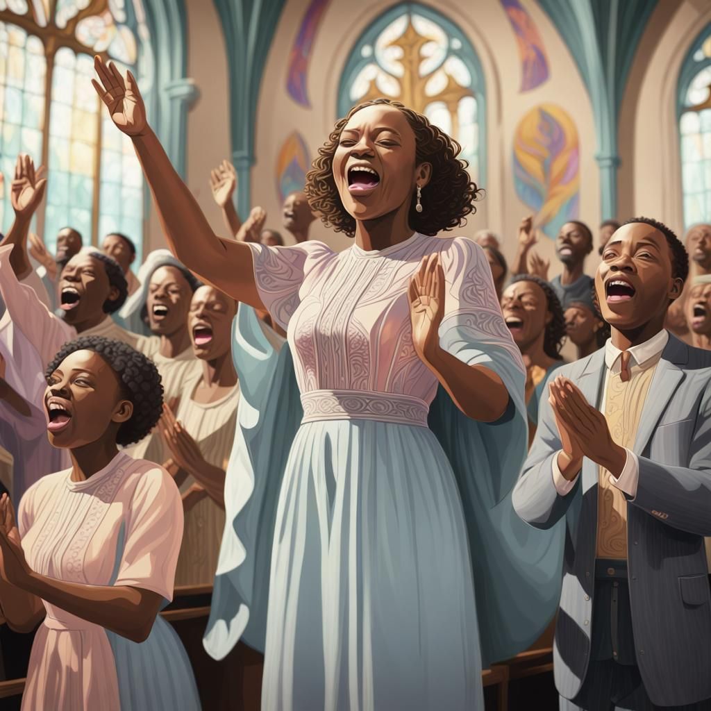 Sunday Tent Revival service in Pastel Color Palette, black people in ...