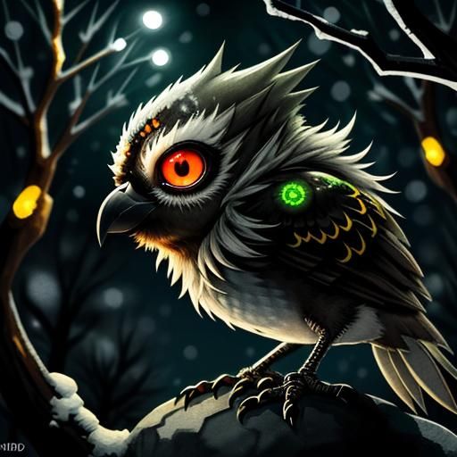 An undead chibi bird with glowing eyes, holding a weapon, in a winter ...