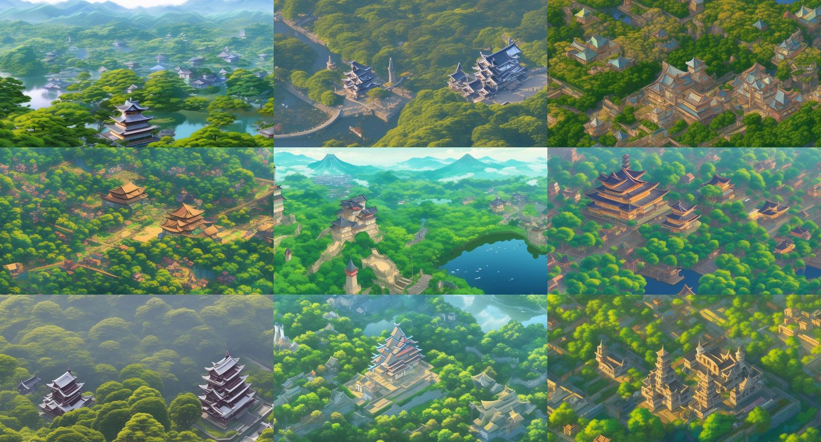 semi Birdseye view of Japanese country with giant castle and villages ...