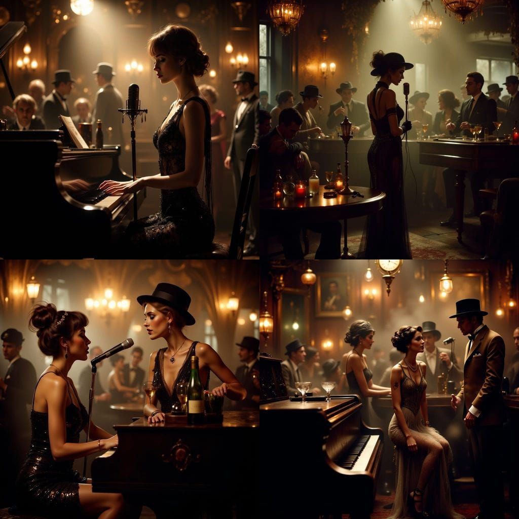Step into a dimly lit 1920s speakeasy, where flapper girls in beaded dresses and dapper ...
