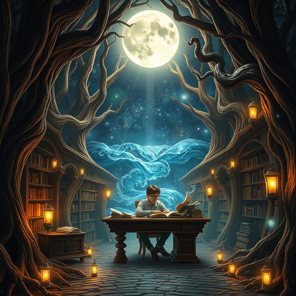 Dreamlike Forest Library Under Radiant Moonlight - AI Art