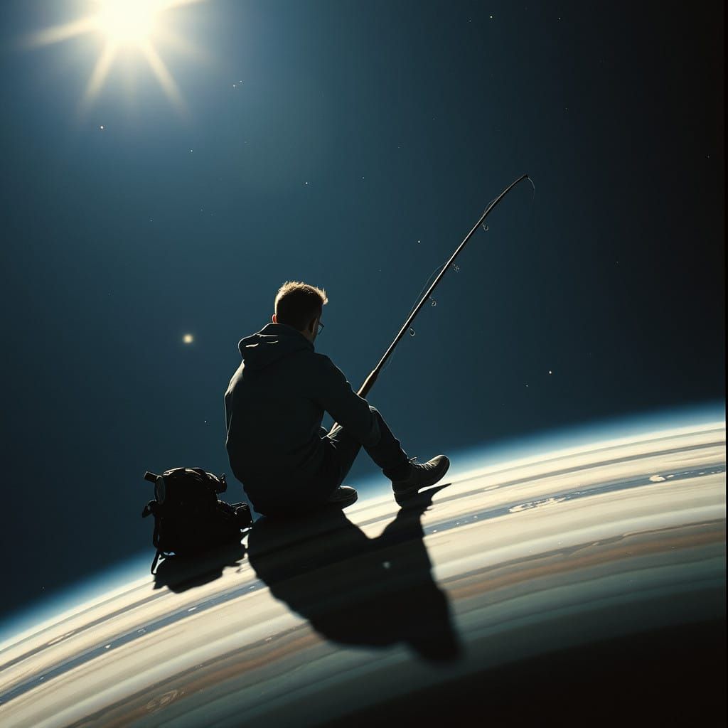 Man on Jupiter's Ring, Cinematic Film Still - AI Art