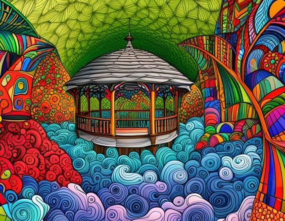 "Gazebo garden with waterfalls" Zentangle, outline, abstract vector ...