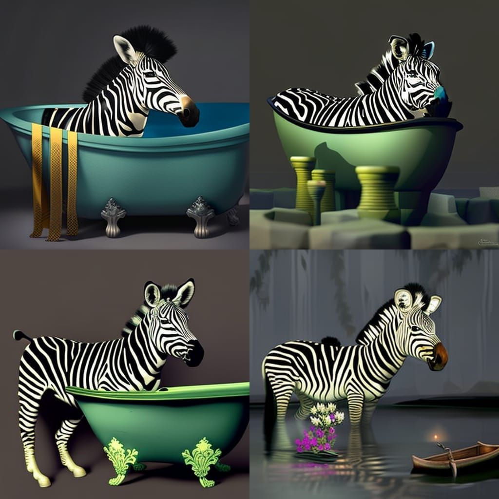 "a zebra bathing inside a clawfoot bathtub, green floral wallpaper ...