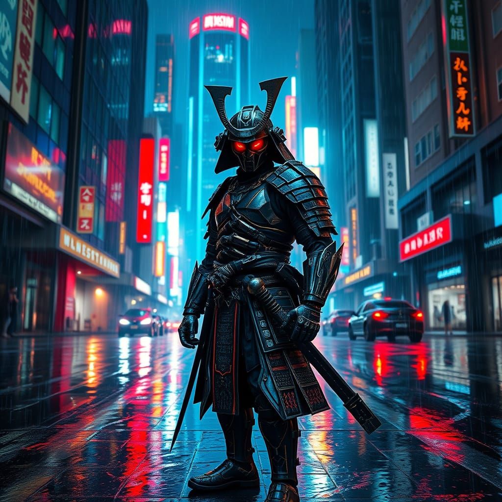 A cybernetic samurai - Cybernetic Samurai Stands Vigilant in...