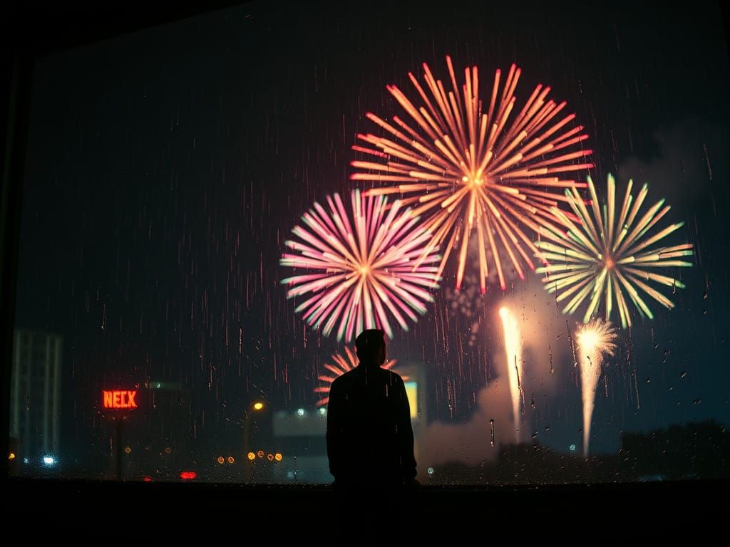 Stormy Night Fireworks Reflected through a Rainy W... - AI Art