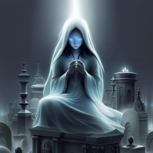 ghost-girl full form angle, no face, no hands, covered in white robe ...