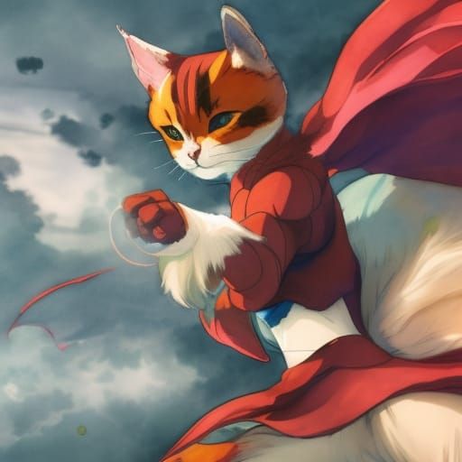 a superhero calico cat fighting an epic battle against evil and winning ...