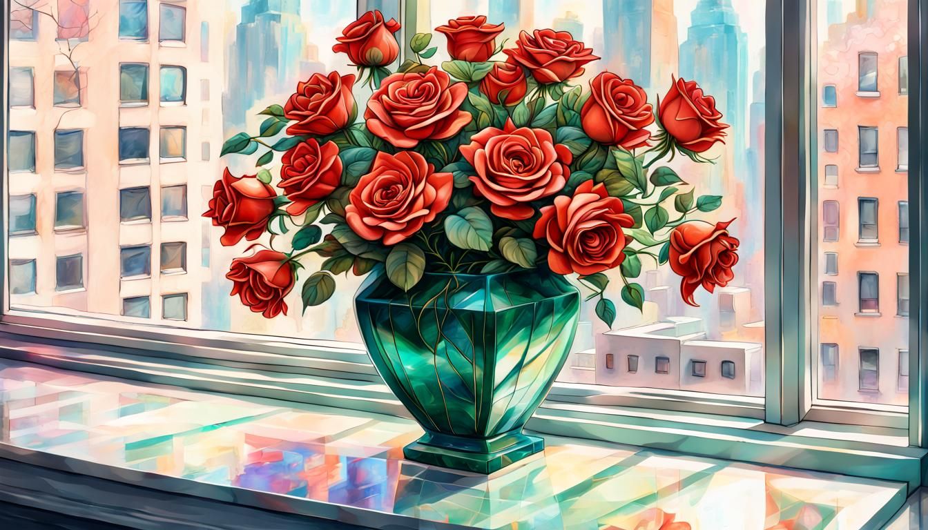 Bouquet Of Vermillion Roses In Jade Vase - AI Generated Artwork ...
