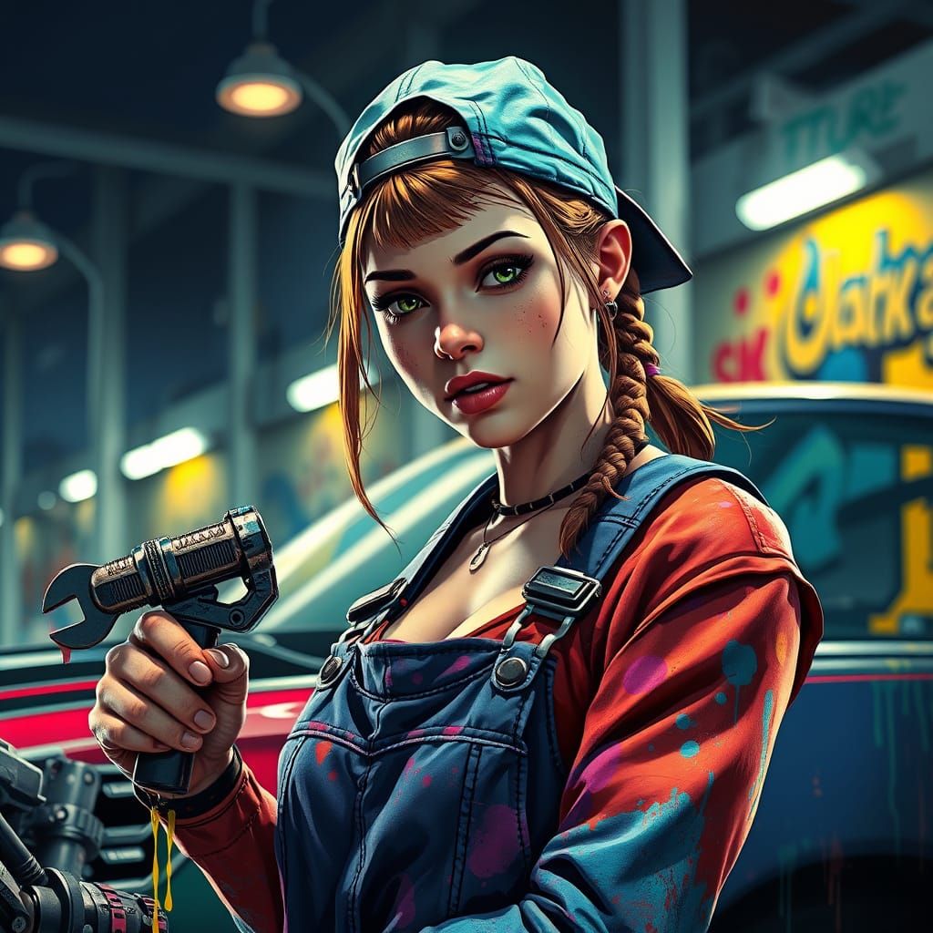 Gadget Hackwrench as Mechanic, Graffiti Splash Art - AI Art