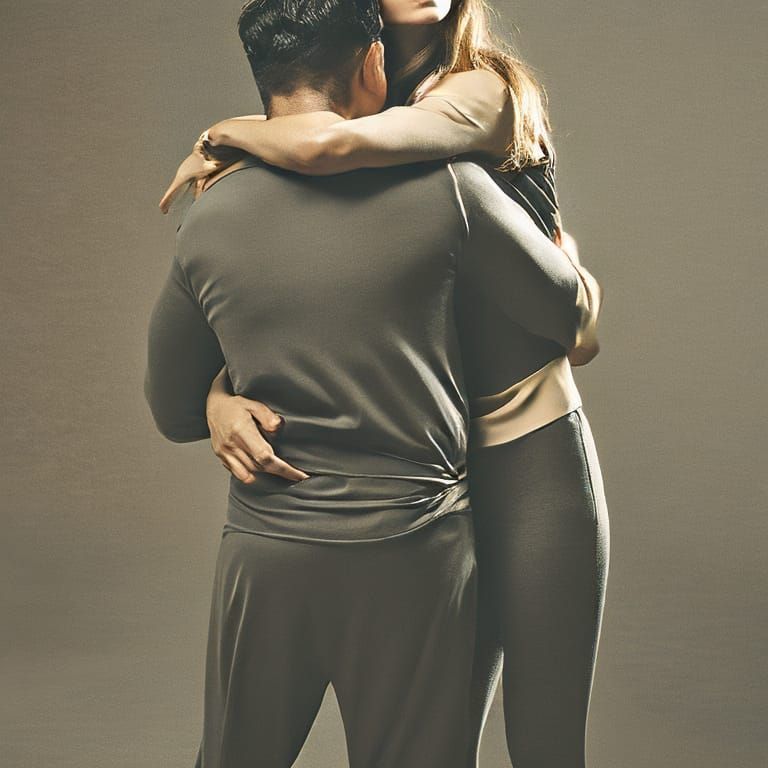 A woman with a strong stance her arms wrapped around a man in a ...