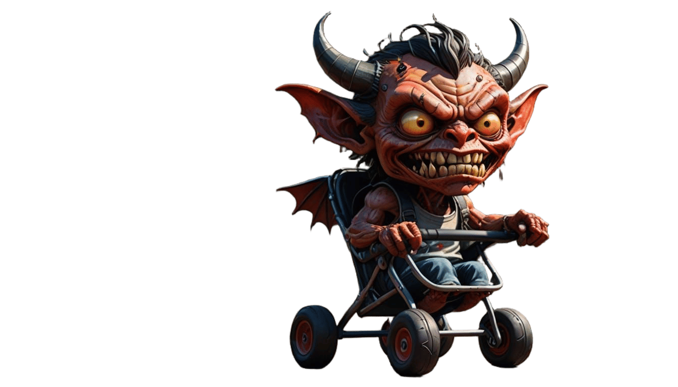 Vibrant Cartoon Demon Pushes Stroller in Lush Park - AI Art