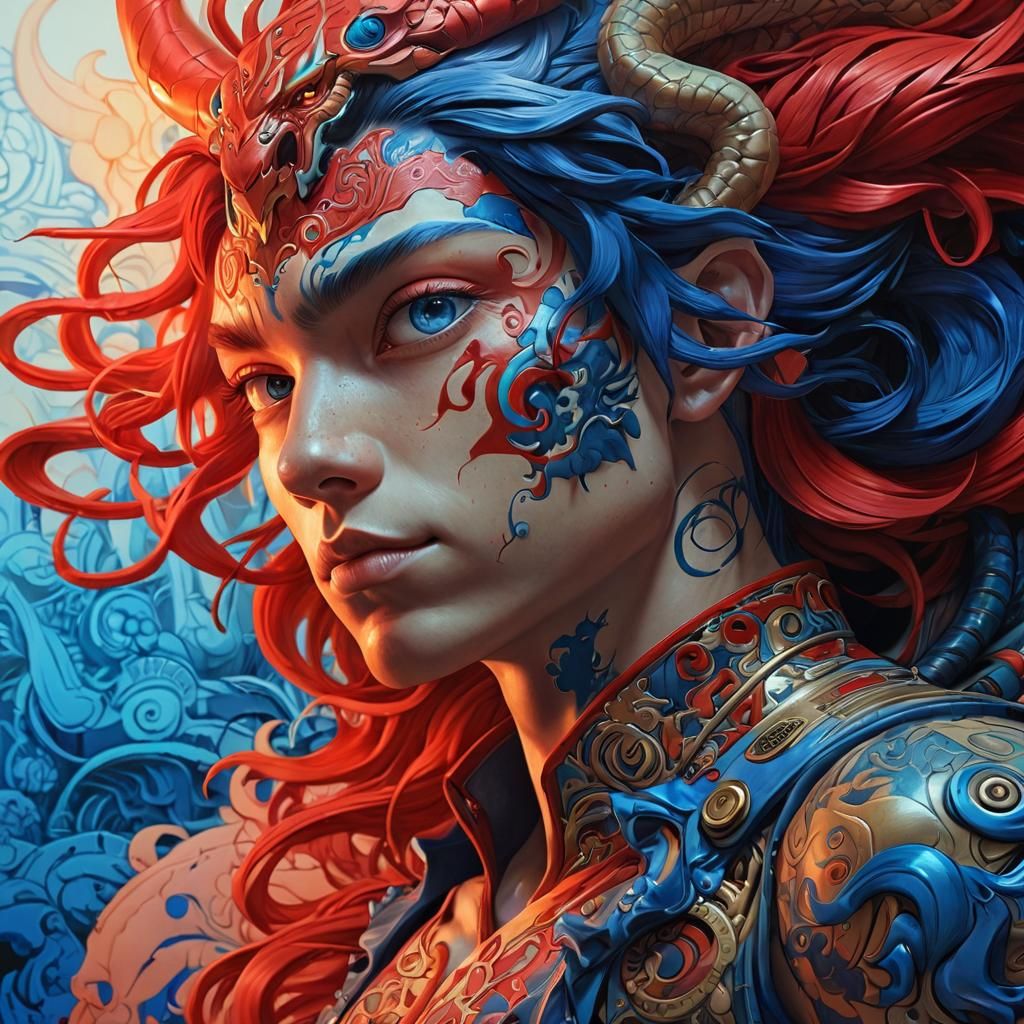 full portrait, (red and blue) intricate and beautiful chimera in style ...