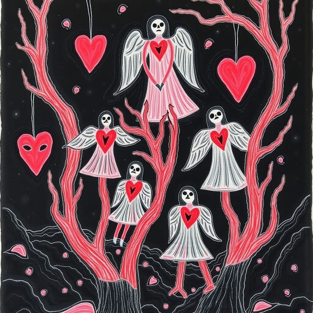 Kids Crayon drawings ,surreal child's drawing goth Valentines , caged ...