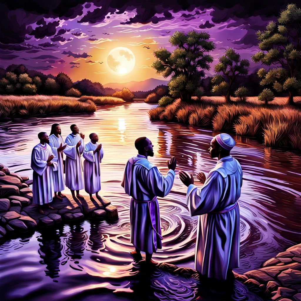 Water, baptism, Purple Moon, gospel choir on river side, sunset by the ...