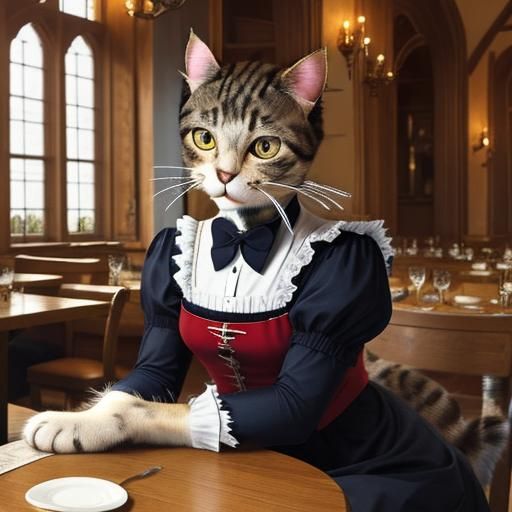 anthropomorphic cat waitress wearing a medieval dress in a restaurant ...