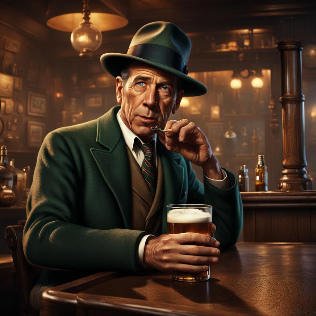 Humphrey Bogart as Sam Spade drinking a beer in an Irish pub. - AI ...