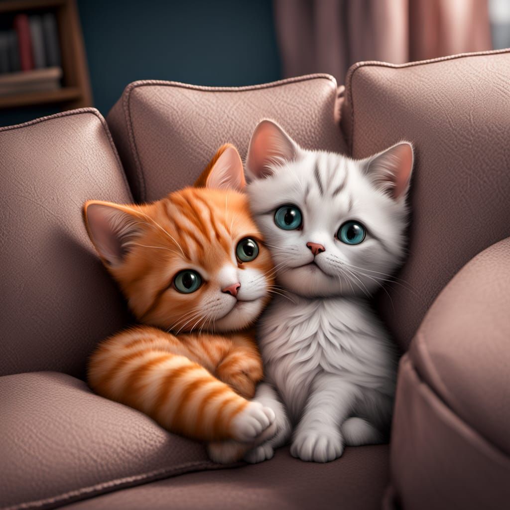 Cuddling Chibi Pets in Whimsical Fantasy Art Style - AI Art