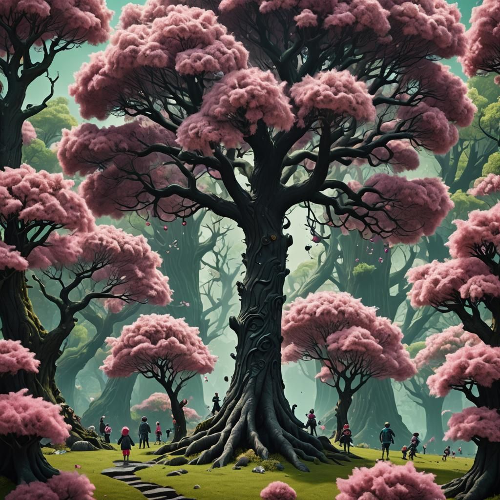 Black fluffy tree with pink trunk with little people under it with ...