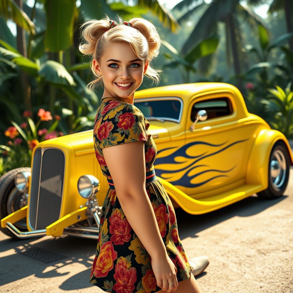 Vintage Teenage Girl with Iconic Ponytail and 1940... - AI Art