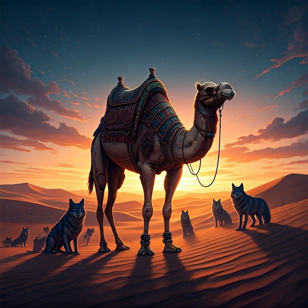 Majestic Egyptian Camel Surrounded by Wolves in De... - AI Art