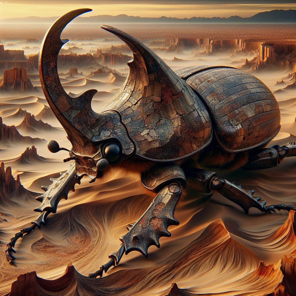 A colossal, earth-born beetle, sculpted from layer... - AI Art