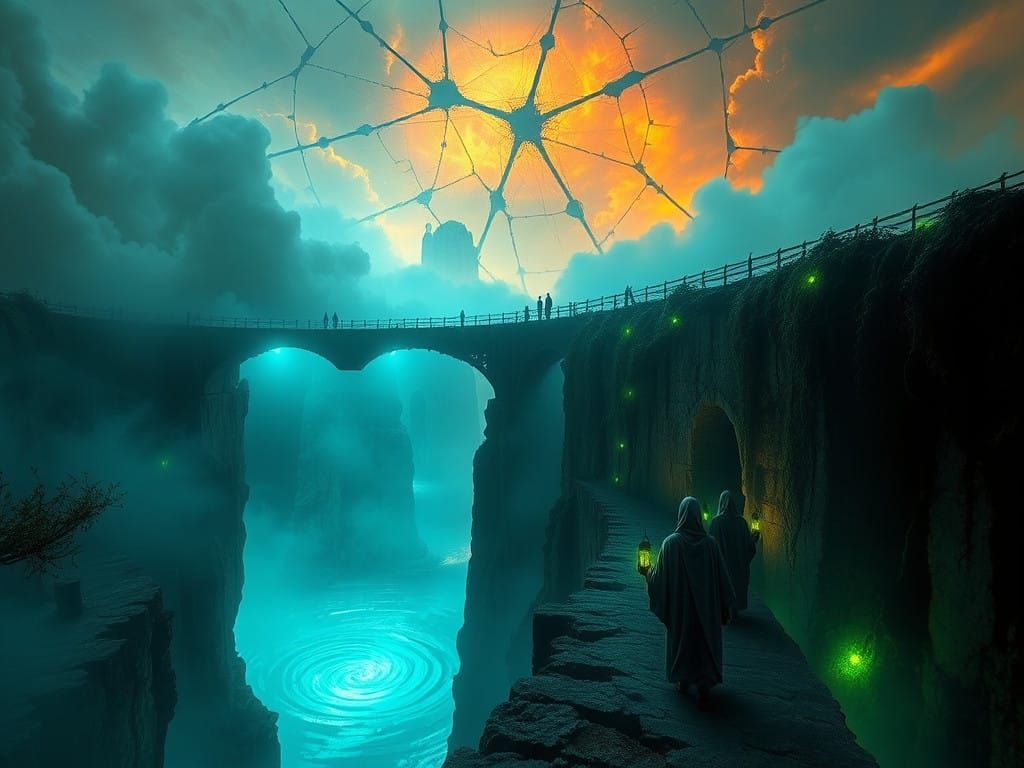 A massive, decaying bridge stretches infinitely across a chasm of ...