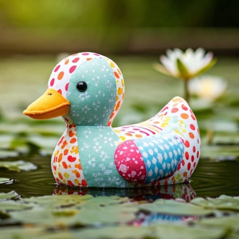 A quilted cotton-made "rubber duck" in a pond
