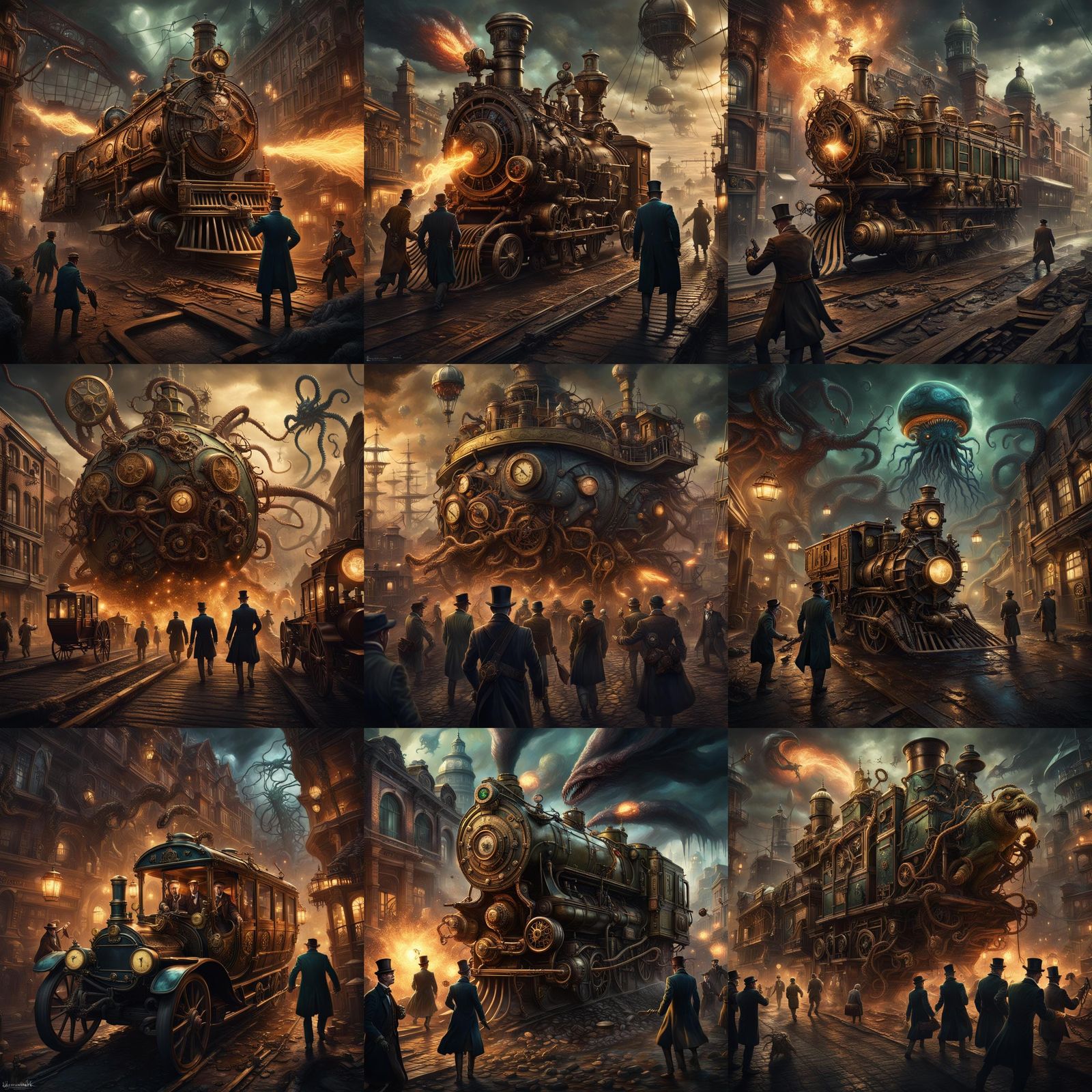 Steampunk, 1920's, eldritch steampunk being, attacked by operators ...