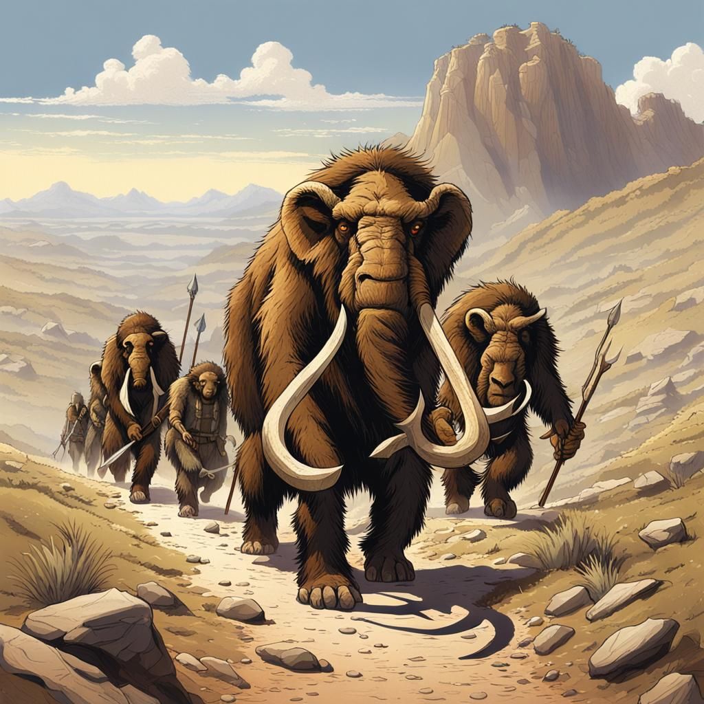 group of prehistoric hunters, clad in animal hides and carrying ...