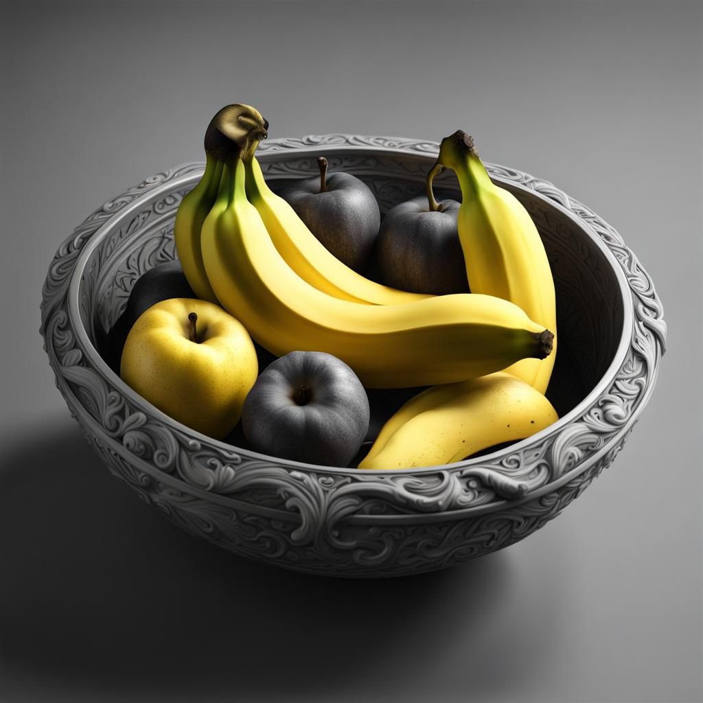 Highly detailed greyscale fruit bowl with one yellow banana - AI ...