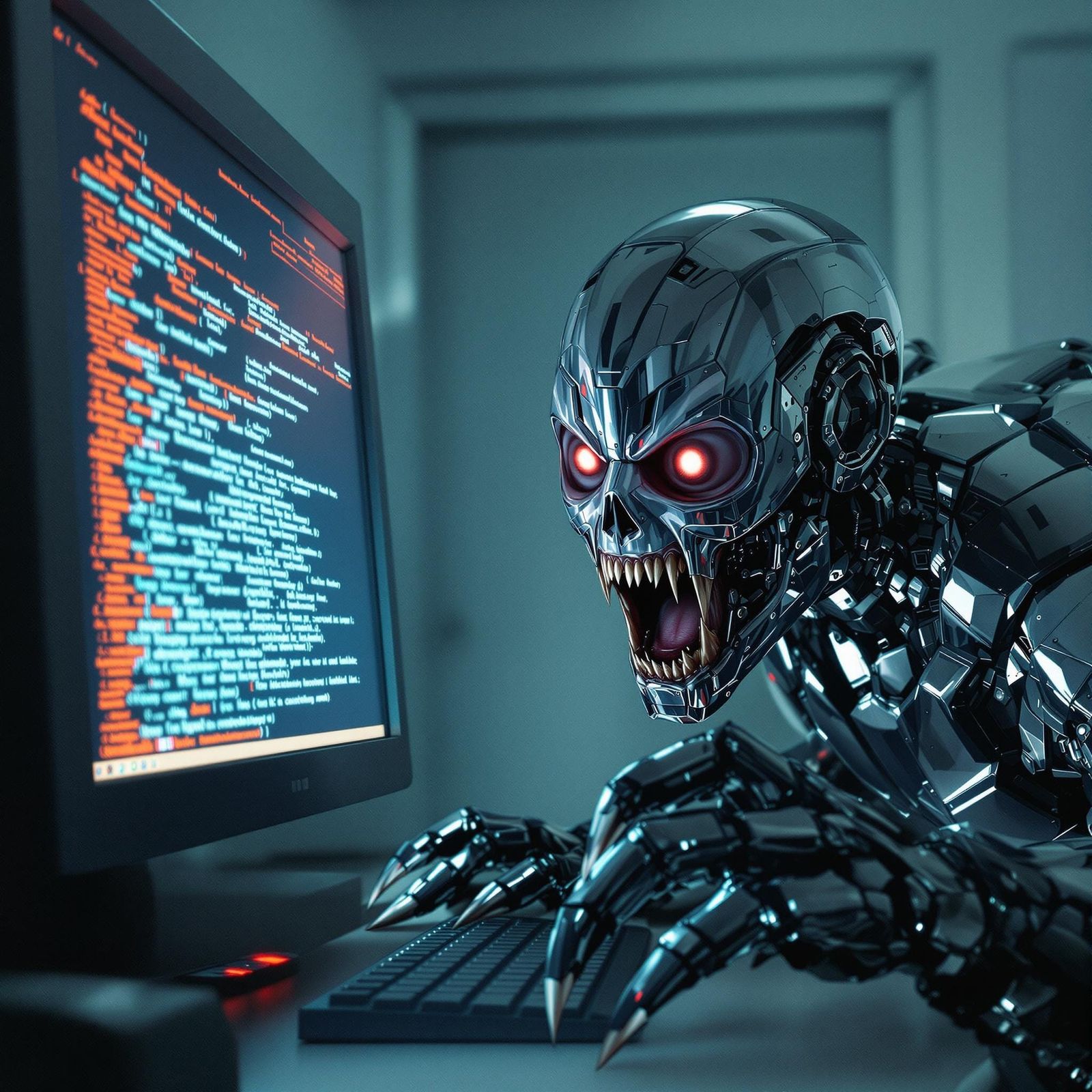 A flickering monitor illuminates a pale face, eyes wide with terror ...