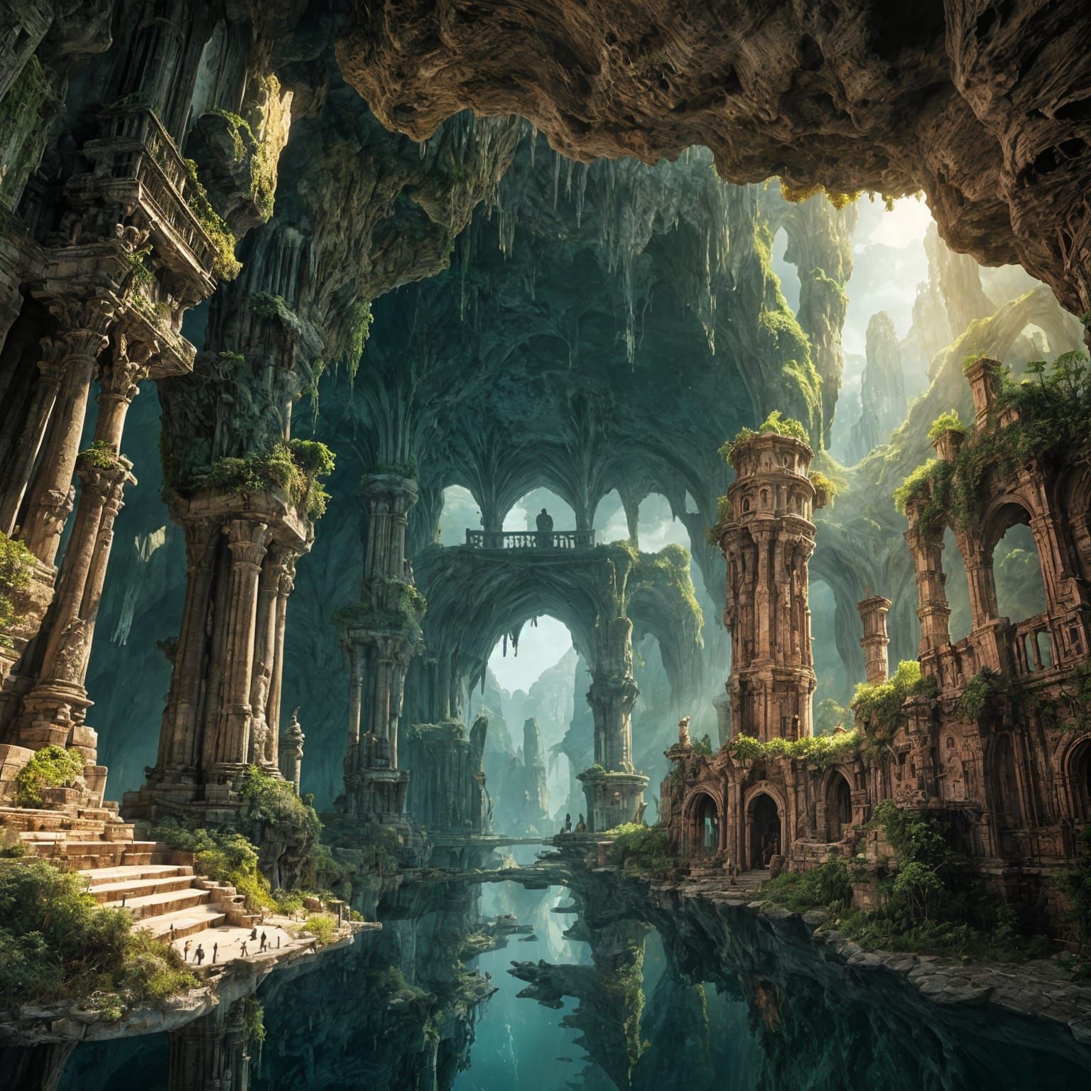 Sun-Drenched Subterranean City in Colossal Cave - AI Art