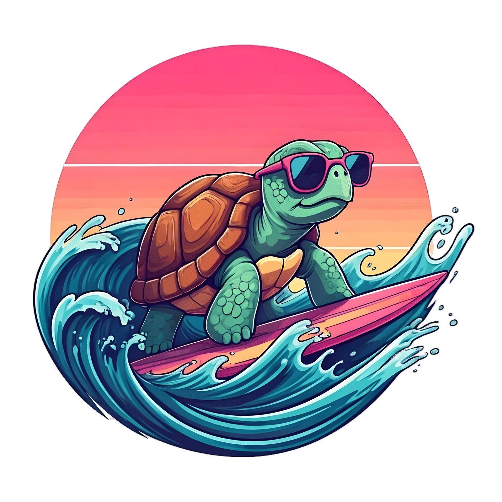 Chibi Turtle Rides Neon Surfboard Under Retro Suns... - AI Art