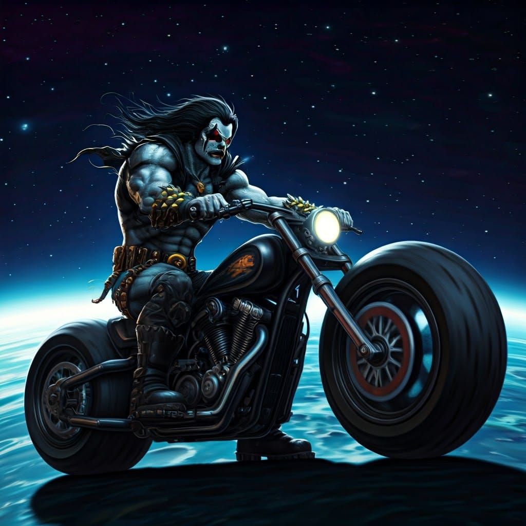 Lobo Cruises Through Outer Space on His Cycle - AI Art