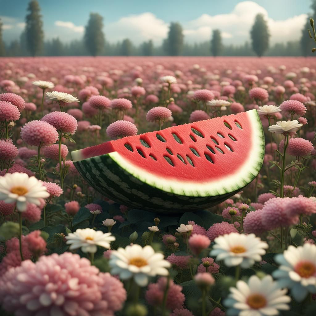 watermelon slice among the flowers - AI Generated Artwork - NightCafe ...