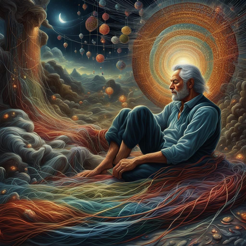 a man sleeps on the ground, silvery threads of dreams, sparkling and ...