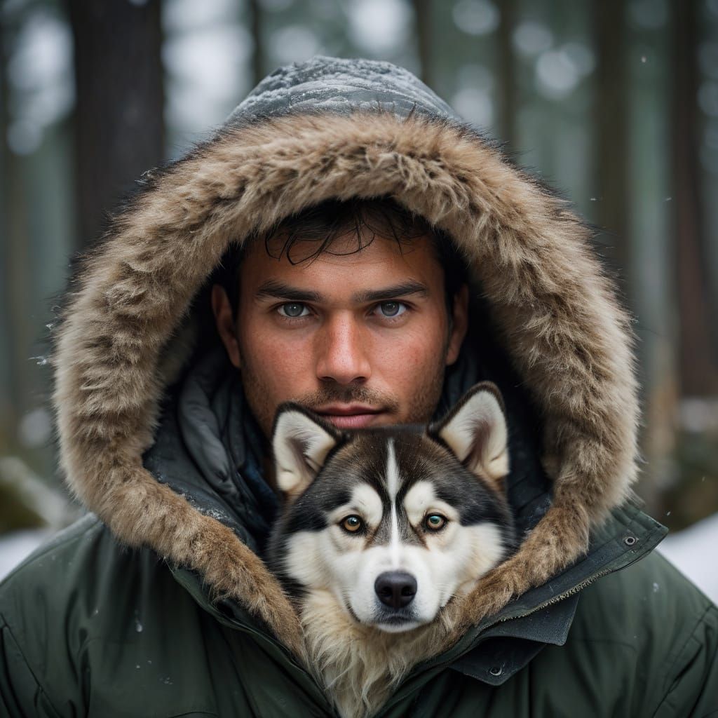Eskimo and Siberian Husky in Winter Landscape - AI Art