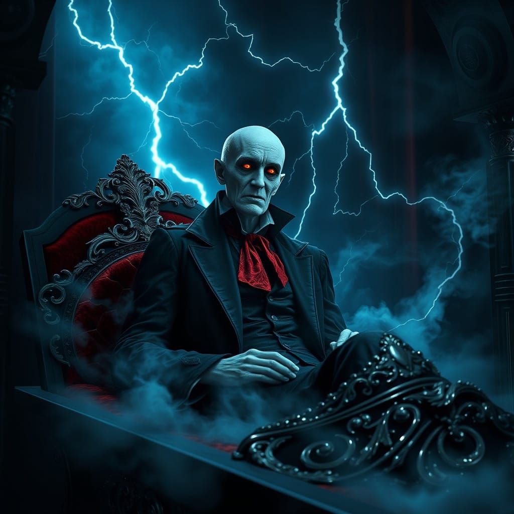 Regal Vampire in Velvet-Lined Coffin Amidst Lightn... - AI Art