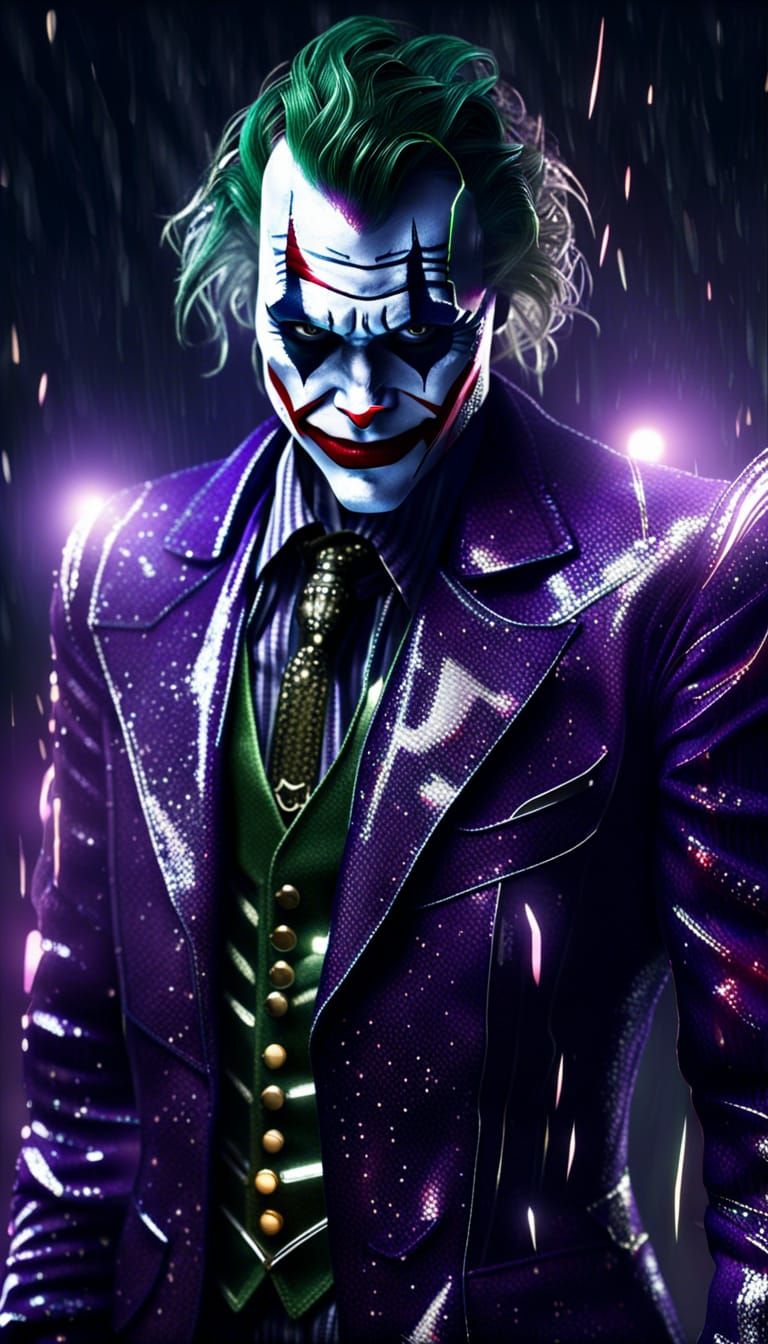 The Joker in a glittering knight outfit, gloomy, cinematic lightning ...