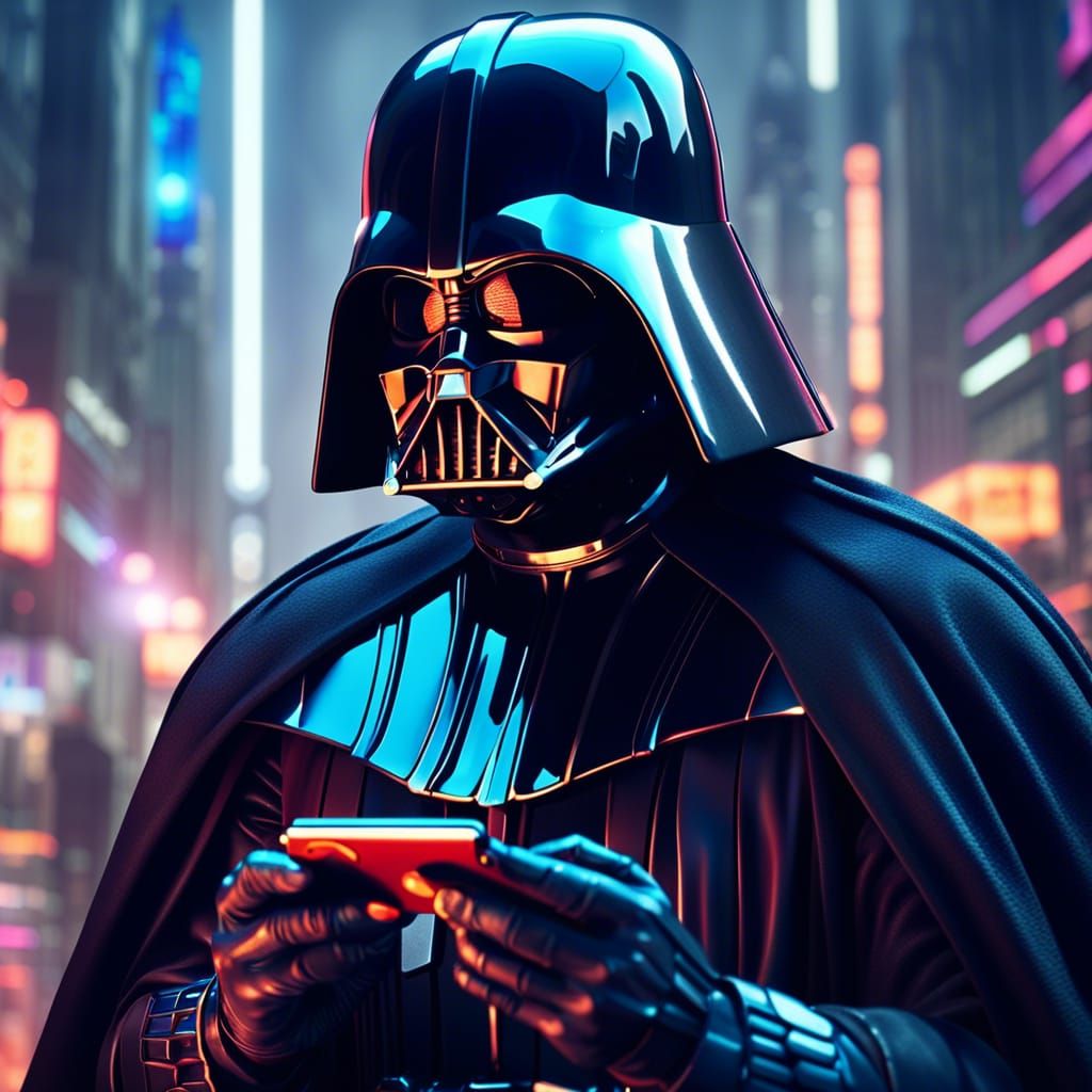 Dark Vador in cybercity playing phone , detailed matte painting, deep ...