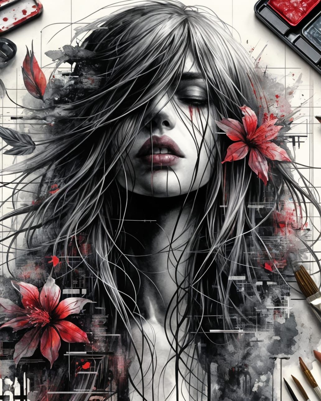 Table Glitch - Fantasy Woman in Glitch Art Watercolor